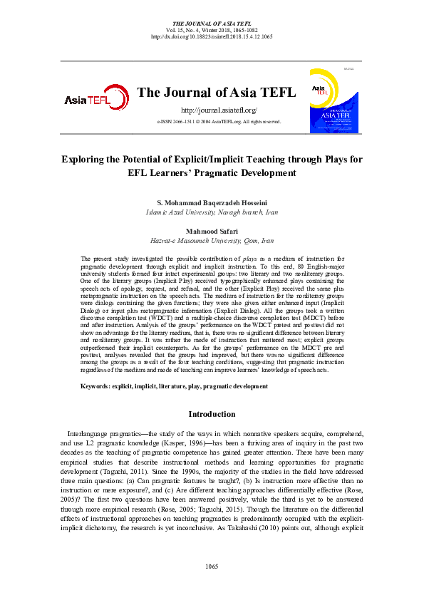 (PDF) Exploring the Potential of Explicit/Implicit Teaching through Plays for EFL Learners ...