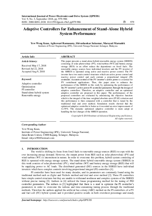 (PDF) Adaptive Controllers for Enhancement of Stand-Alone Hybrid System Performance