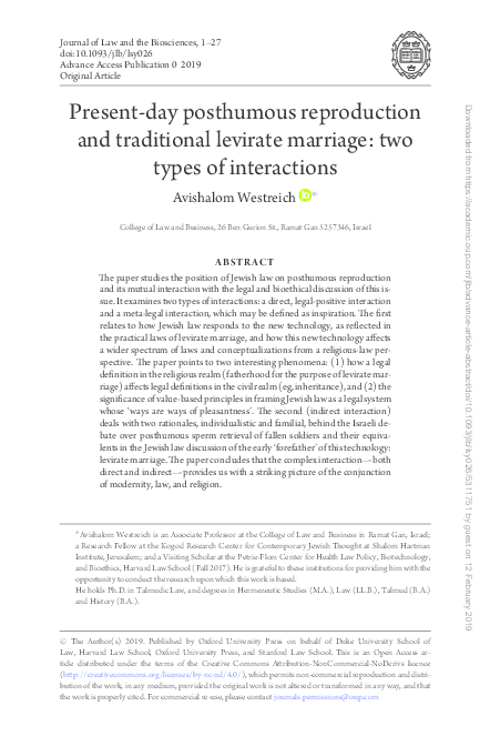 (PDF) Avishalom Westreich, Present-day Posthumous Reproduction and ...