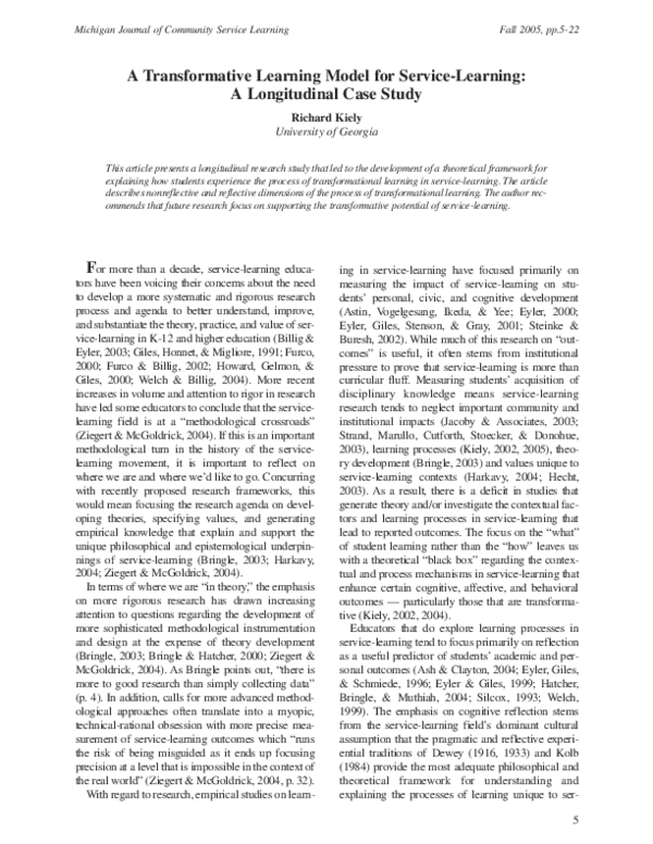 (PDF) A Transformative Learning Model for Service-Learning: A ...