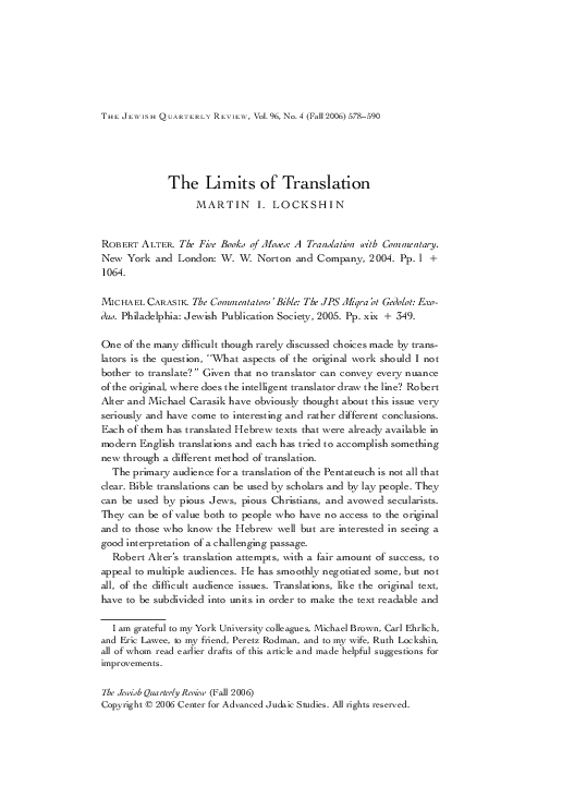 (PDF) Martin I. Lockshin, “The Limits of Translation,” Jewish Quarterly ...