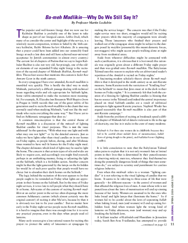 (PDF) Martin I. Lockshin, “Ba-meh madlikin: Why Do We Still Say it ...