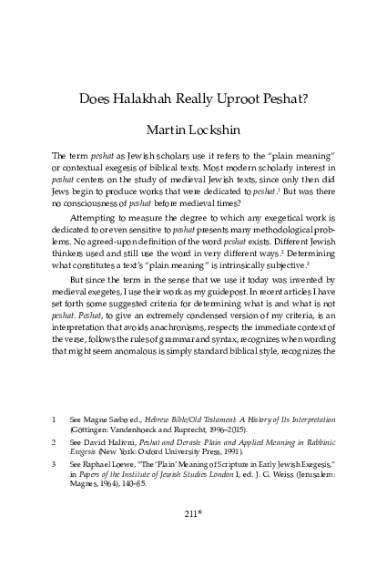 Martin I. Lockshin, “Does Halakhah Really Uproot Peshat?” Diné Israel ...