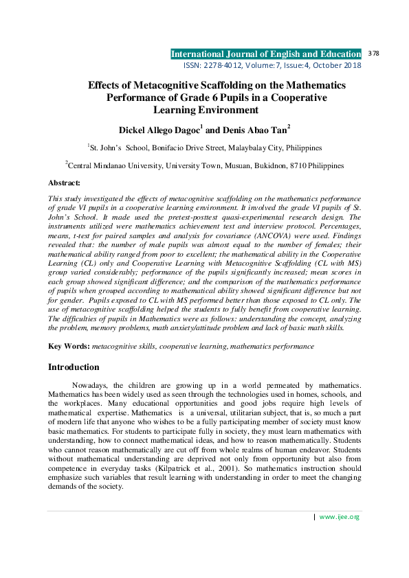 (PDF) Effects of Metacognitive Scaffolding on the Mathematics Performance of Grade 6 Pupils in a ...