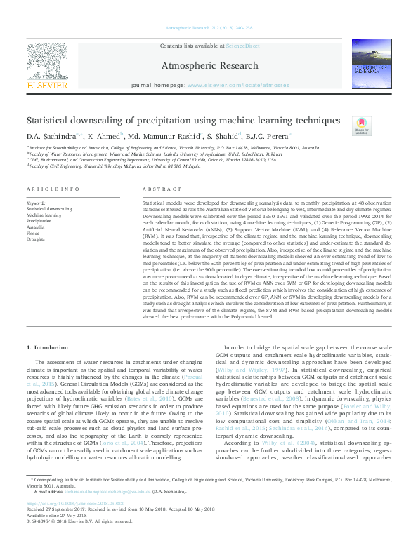 Pdf Statistical Downscaling Of Precipitation Using Machine Learning Techniques