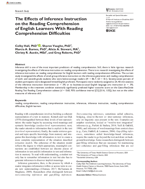 (PDF) The Effects of Inference Instruction on the Reading Comprehension ...