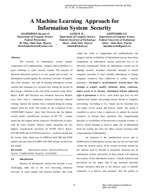 (PDF) A Machine Learning Approach for Information System Security