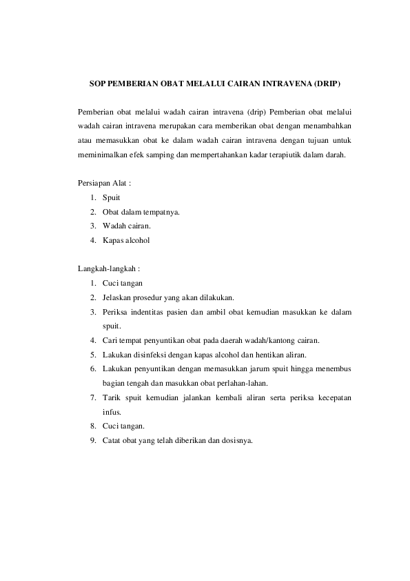 (DOC) SOP PEMBERIAN OBAT MELALUI CAIRAN INTRAVENA (DRIP)