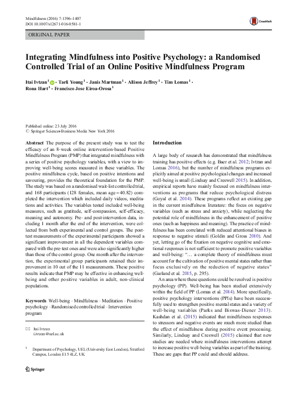 (PDF) Integrating Mindfulness into Positive Psychology: a Randomised ...