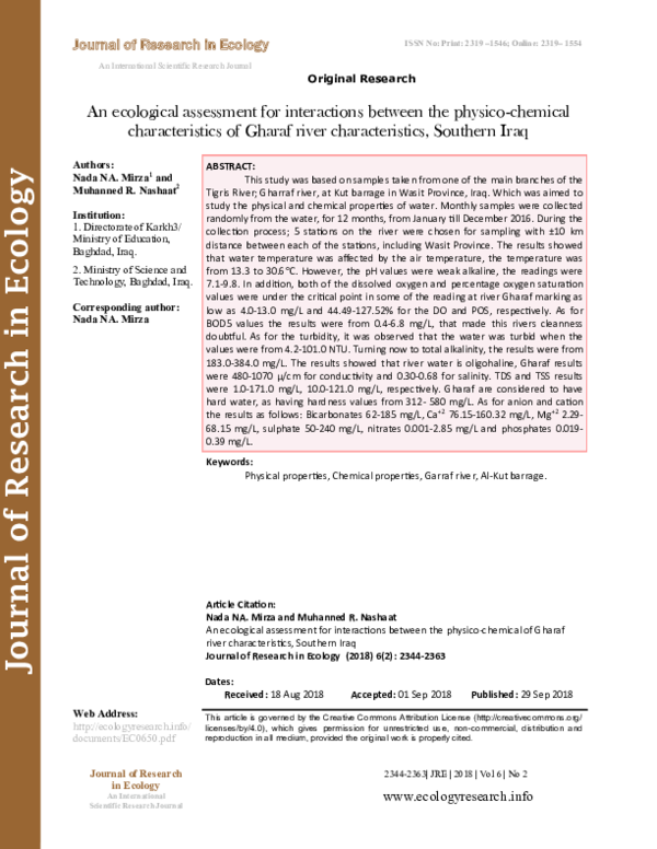 (PDF) An Ecological Assessment for Interactions Between the Physico ...