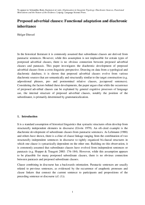(PDF) Preposed Adverbial Clauses. Functional adaptation and diachronic ...