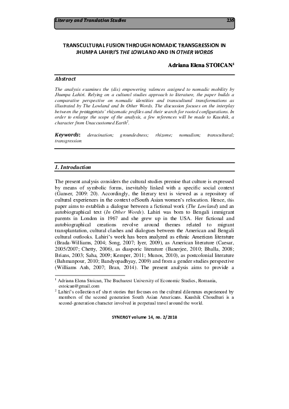 (PDF) Transcultural Fusion Through Nomadic Transgression in Jhumpa ...
