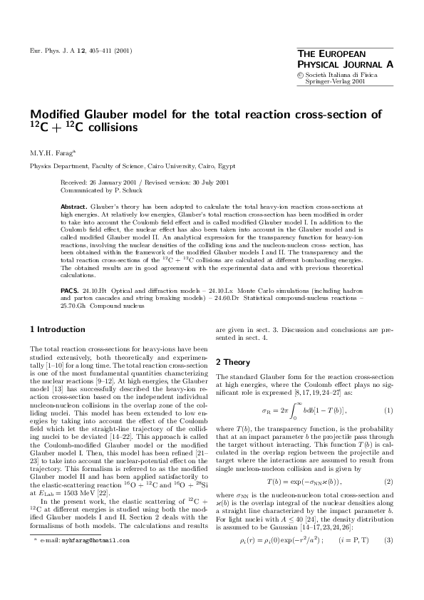 (PDF) Modified Glauber model for the total reaction cross-section of 12C + 12C collisions.pdf