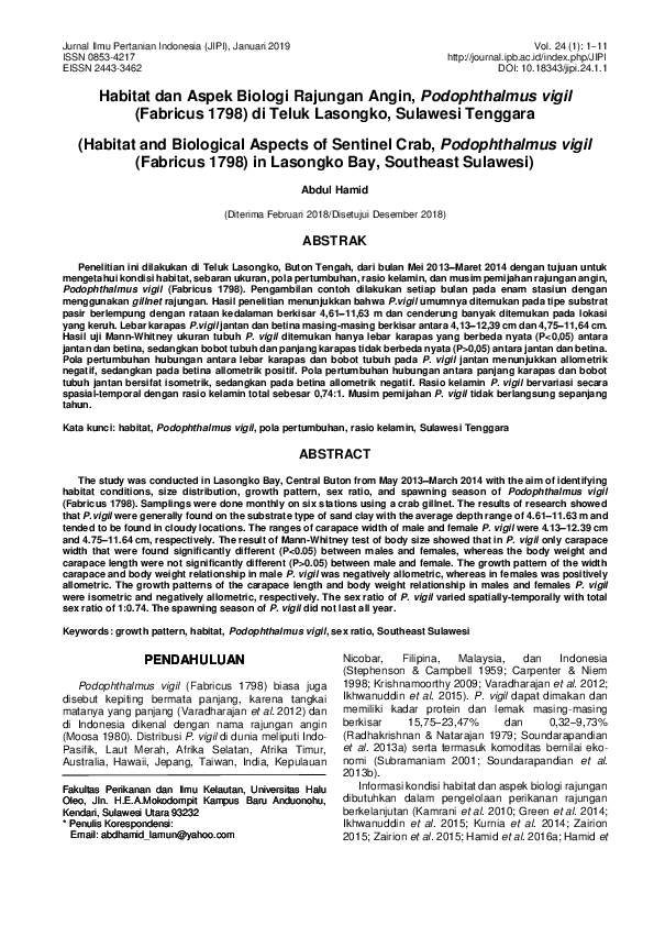 (PDF) Habitat dan Aspek Biologi Rajungan Angin, Podophthalmus vigil ...