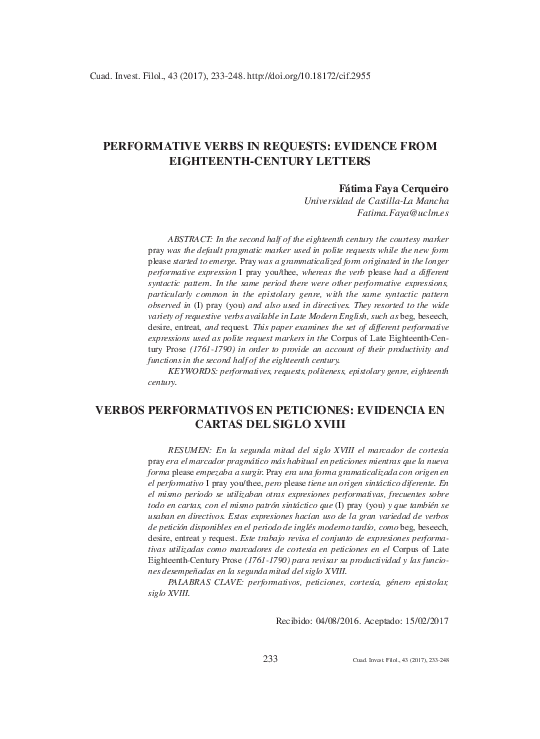 (PDF) Performative verbs in requests: evidence from eighteenth-century ...
