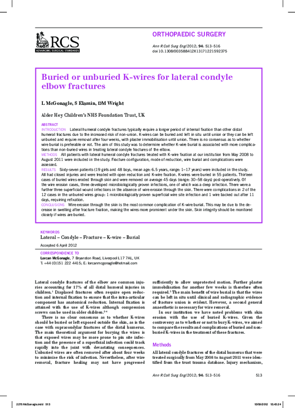 (PDF) Buried or unburied K-wires for lateral condyle elbow fractures