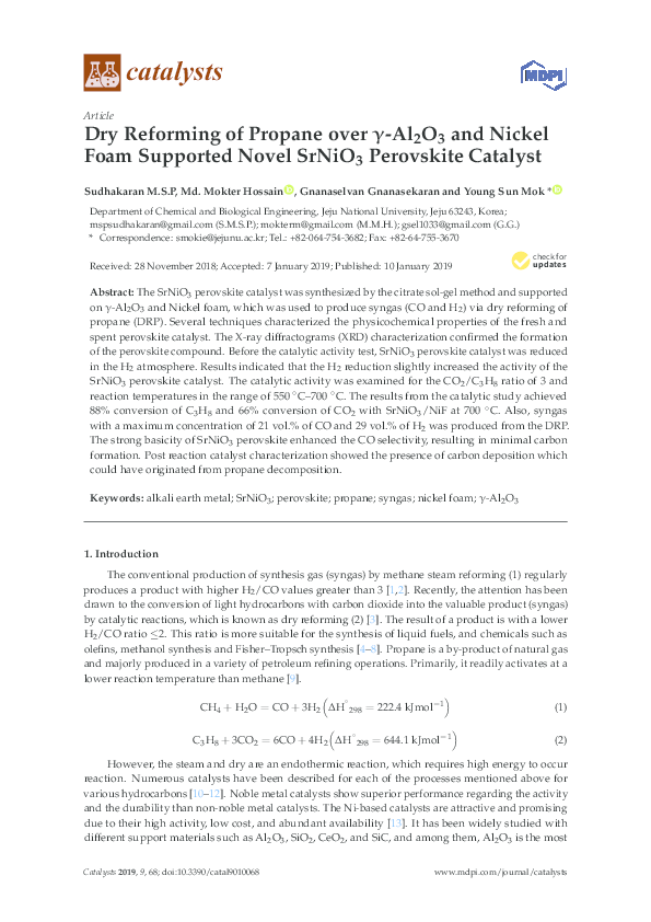 (PDF) Dry Reforming of Propane over γ-Al2O3 and Nickel Foam Supported ...