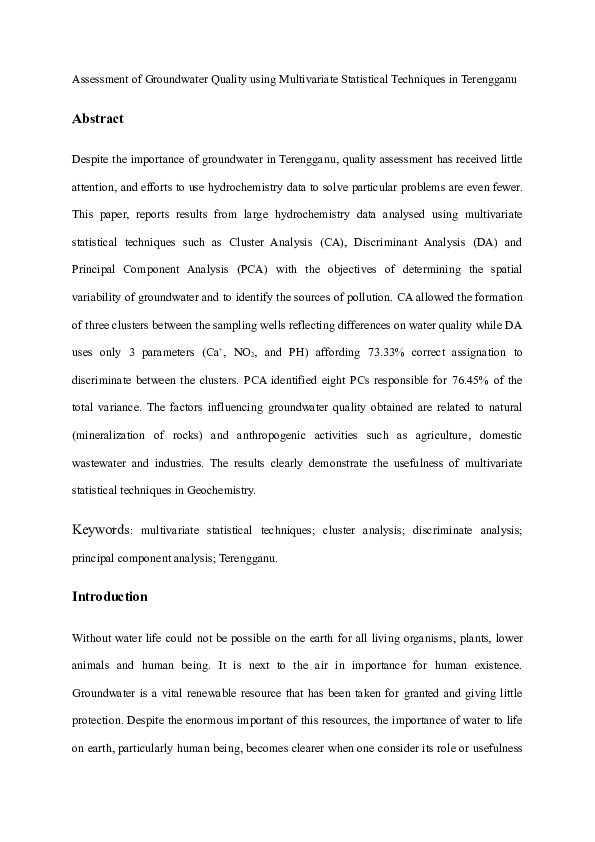 Doc Assessment Of Groundwater Quality Using Multivariate Statistical Techniques In Terengganu
