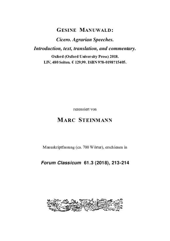 (PDF) REZENSION: Marc Steinmann: "Cicero. Agrarian Speeches." Text, transl., and commentary by ...