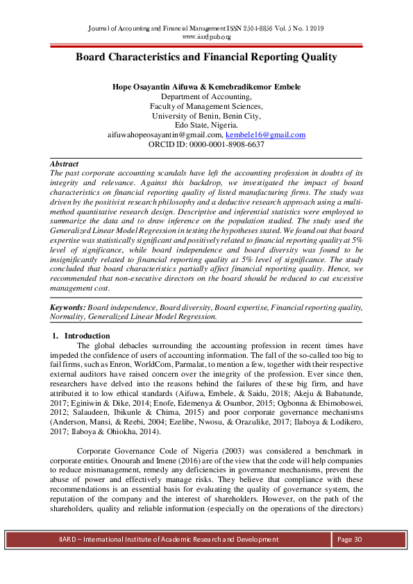 (PDF) Board Characteristics and Financial Reporting Quality