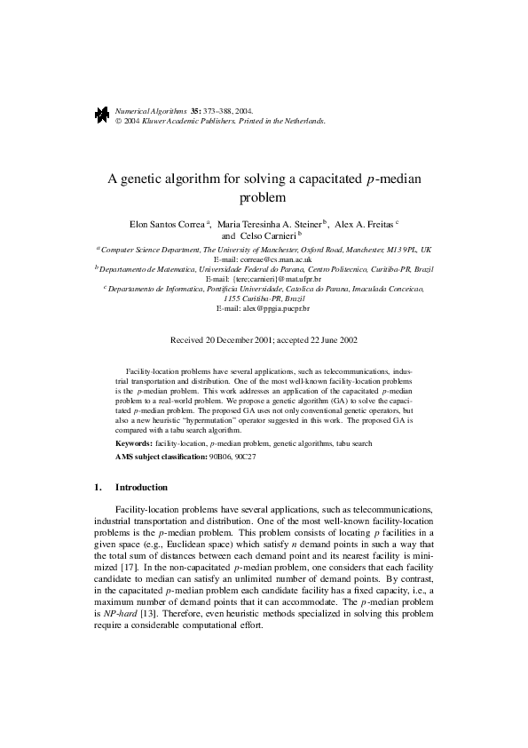 Pdf A Genetic Algorithm For Solving A Capacitated P Median Problem