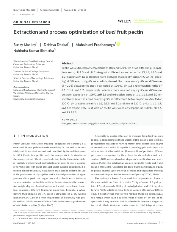 (PDF) Extraction and process optimization of bael fruit pectin