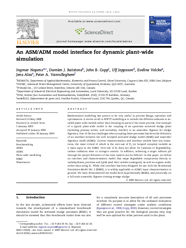 (PDF) An ASM/ADM model interface for dynamic plant-wide simulation