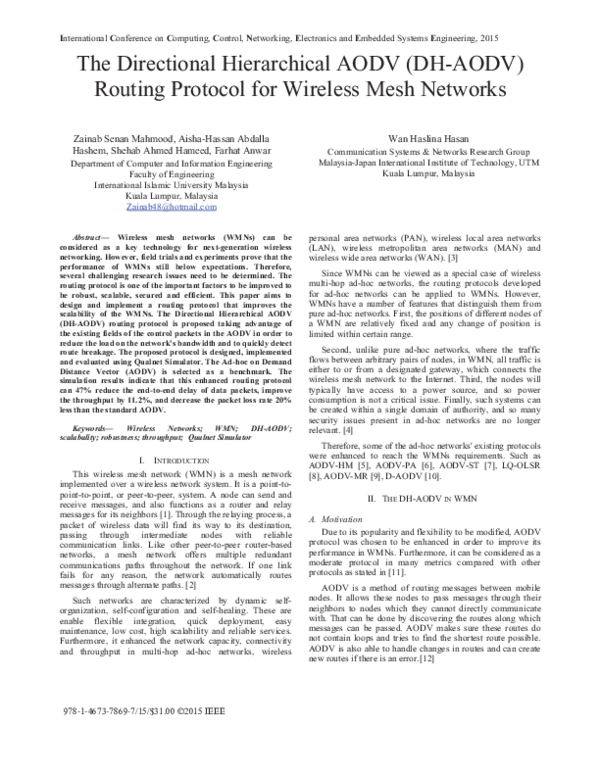 (PDF) The Directional Hierarchical AODV (DH-AODV) Routing Protocol for Wireless Mesh Networks