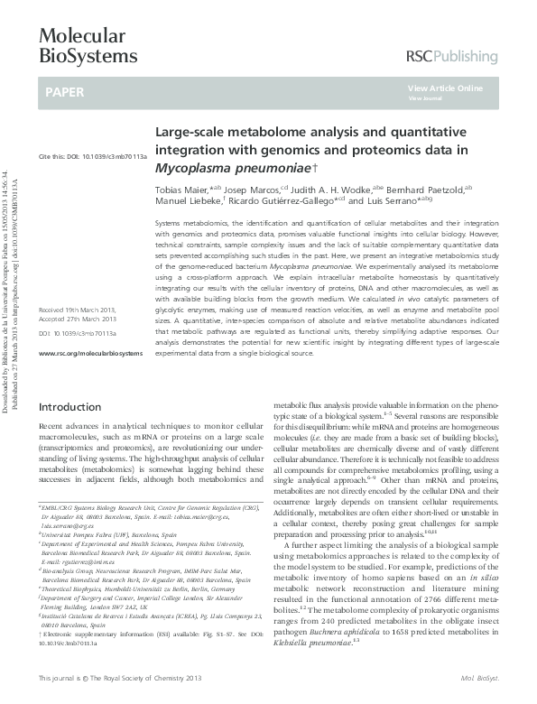 Pdf Large Scale Metabolome Analysis And Quantitative Integration With