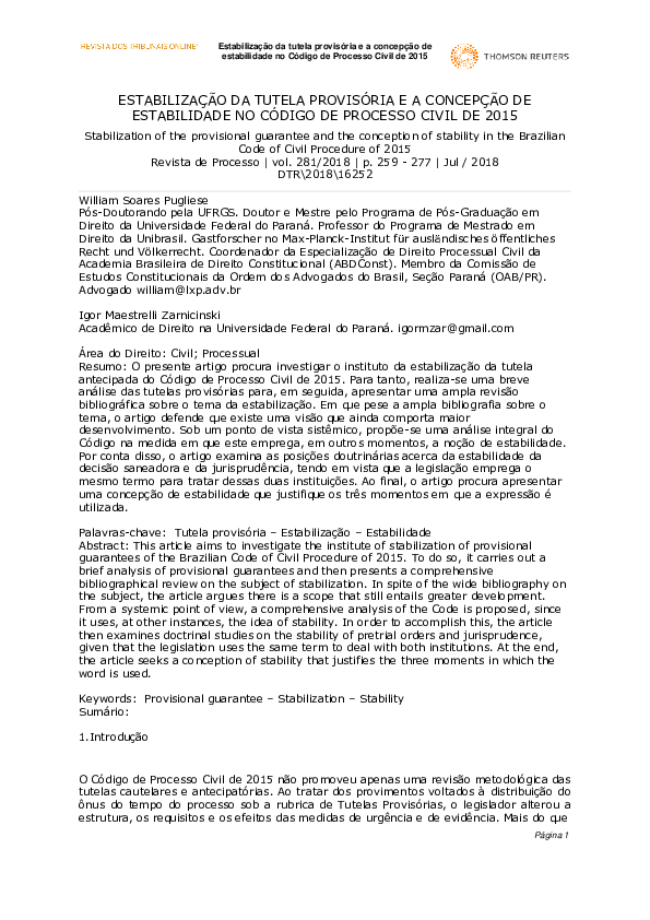 (PDF) Estabilização da tutela provisória e a concepção de estabilidade ...
