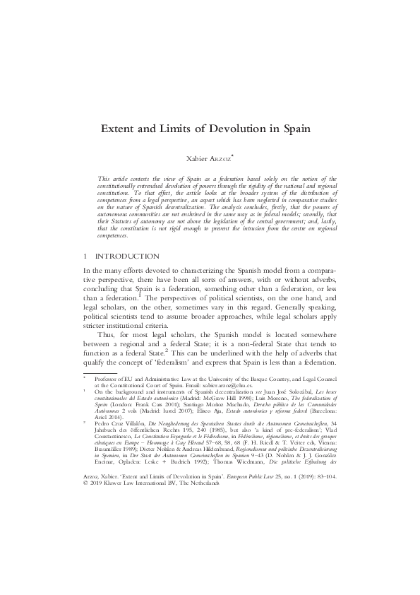 (PDF) Extent and Limits of Devolution in Spain