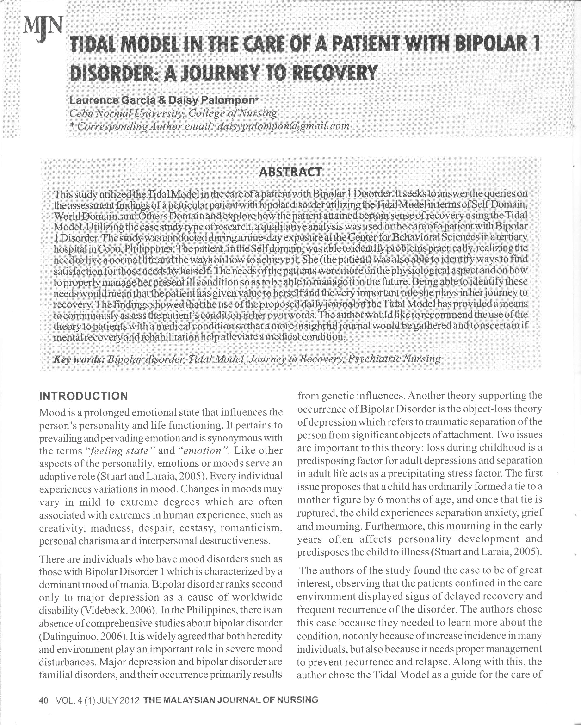 (PDF) Tidal Model in the Care of a Patient with Bipolar 1 Disorder: A ...