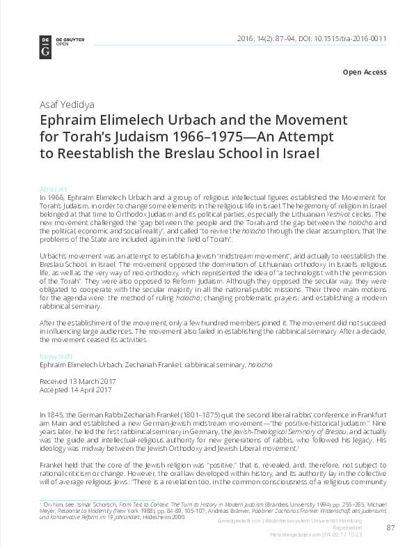 (PDF) Ephraim Elimelech Urbach and the Movement for Torah’s Judaism 1966–1975—An Attempt to ...