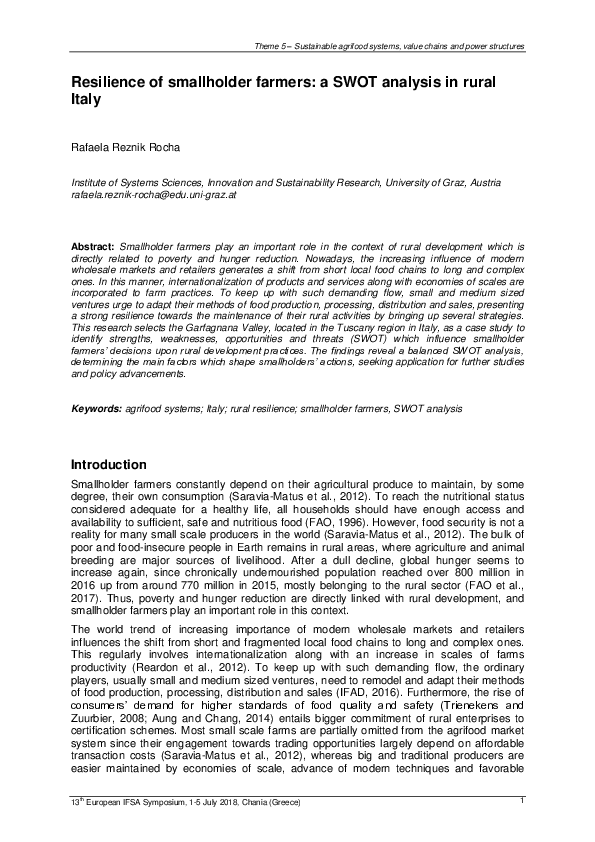 (PDF) Resilience of smallholder farmers: a SWOT analysis in rural Italy