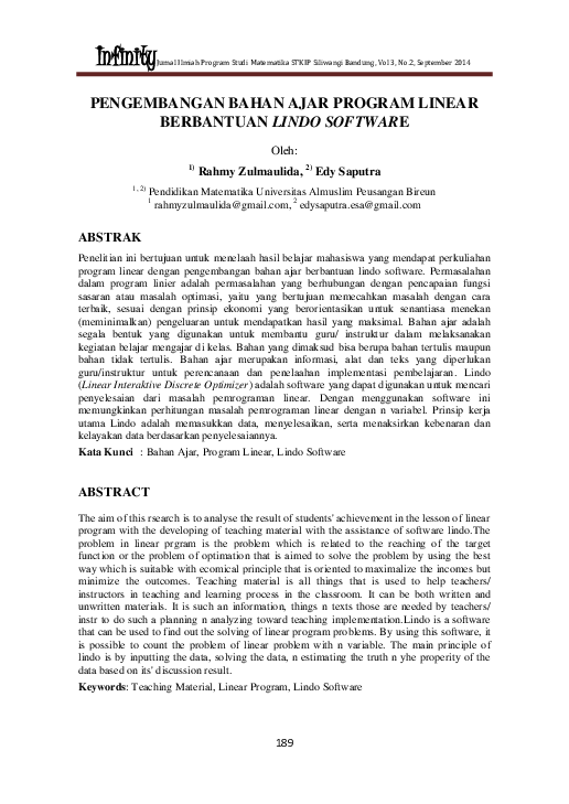 (PDF) PENGEMBANGAN BAHAN AJAR PROGRAM LINEAR BERBANTUAN LINDO SOFTWARE
