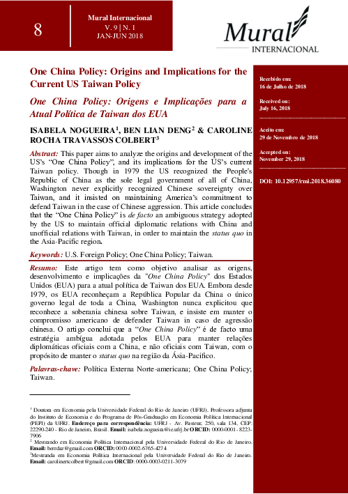 (PDF) One China Policy: Origins and Implications for the Current US ...