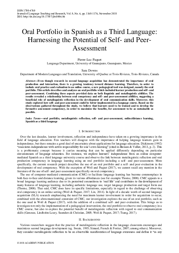 (PDF) Oral Portfolio in Spanish as a Third Language: Harnessing the ...