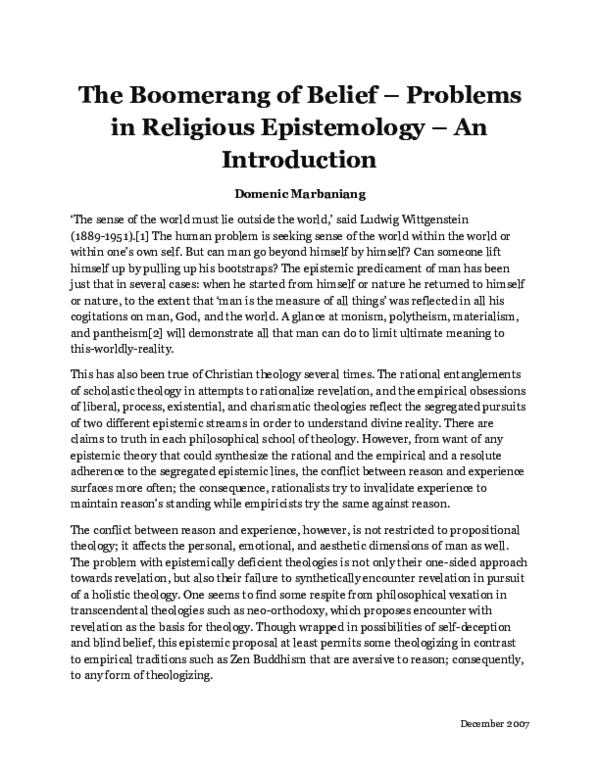 (PDF) The Boomerang of Belief – Problems in Religious Epistemology – An ... (PDF) The Boomerang of Belief – Problems in Religious Epistemology – An ...