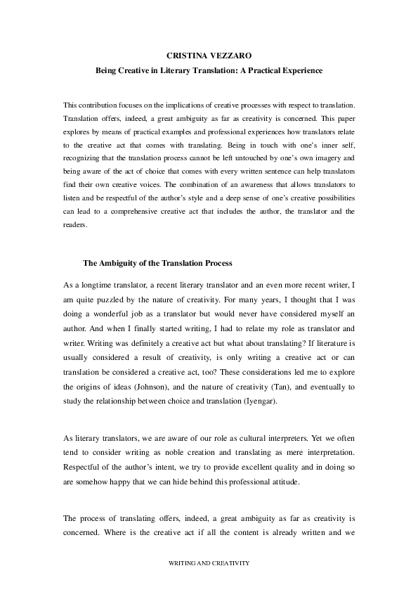 (PDF) Being Creative in Literary Translation: A Practical Experience