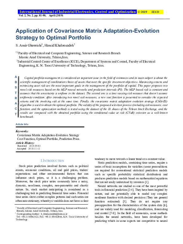 Pdf Application Of Covariance Matrix Adaptation Evolution Strategy To Optimal Portfolio S