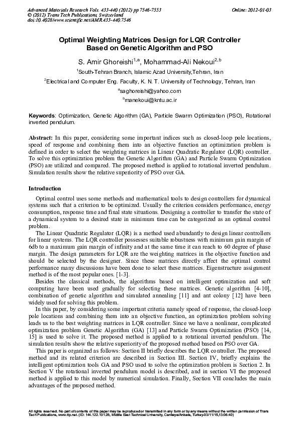 Pdf Optimal Weighting Matrices Design For Lqr Controller Based On Genetic Algorithm And Pso