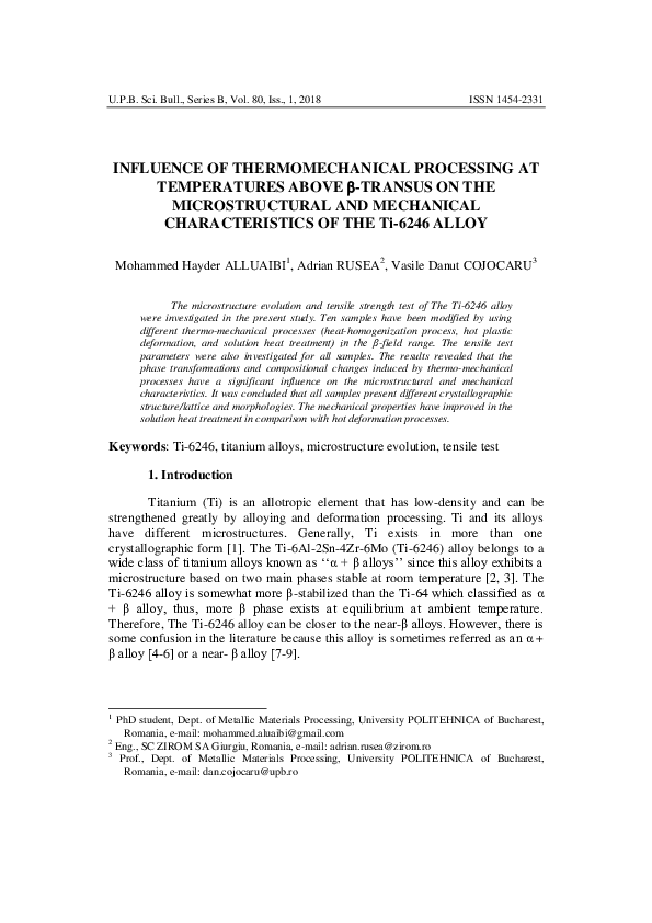 (PDF) Influence of thermomechanical processing at temperatures above β-transus on the ...