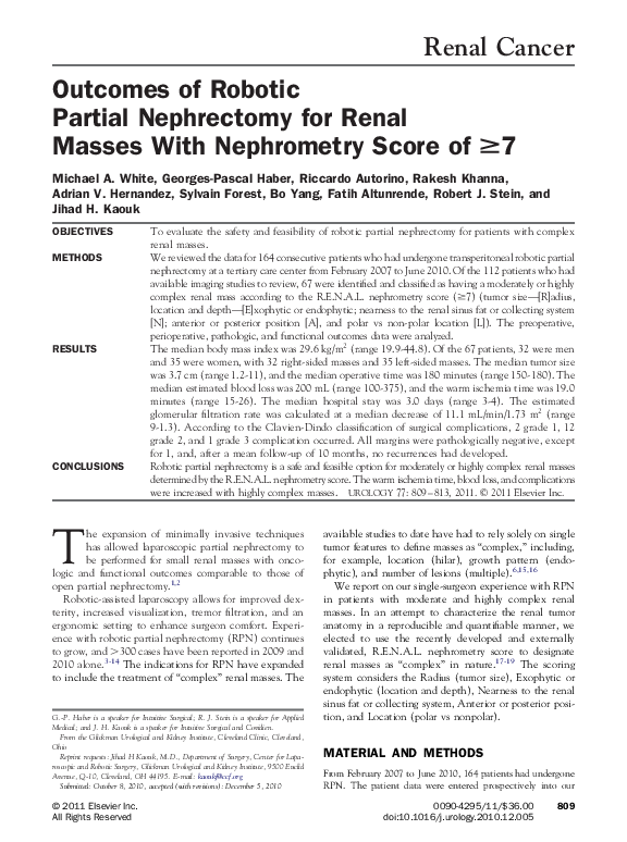 (PDF) Outcomes of Robotic Partial Nephrectomy for Renal Masses With ...