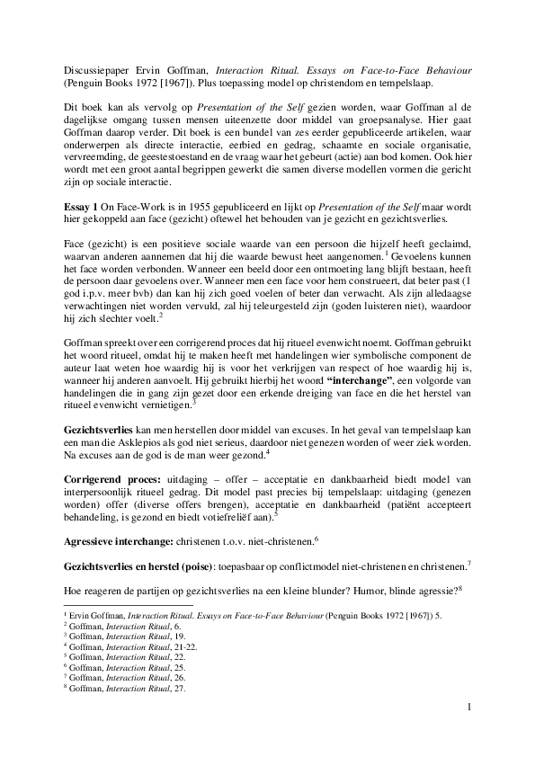 (DOC) Discussiepaper Ervin Goffman, Interaction Ritual. Essays on Face ...