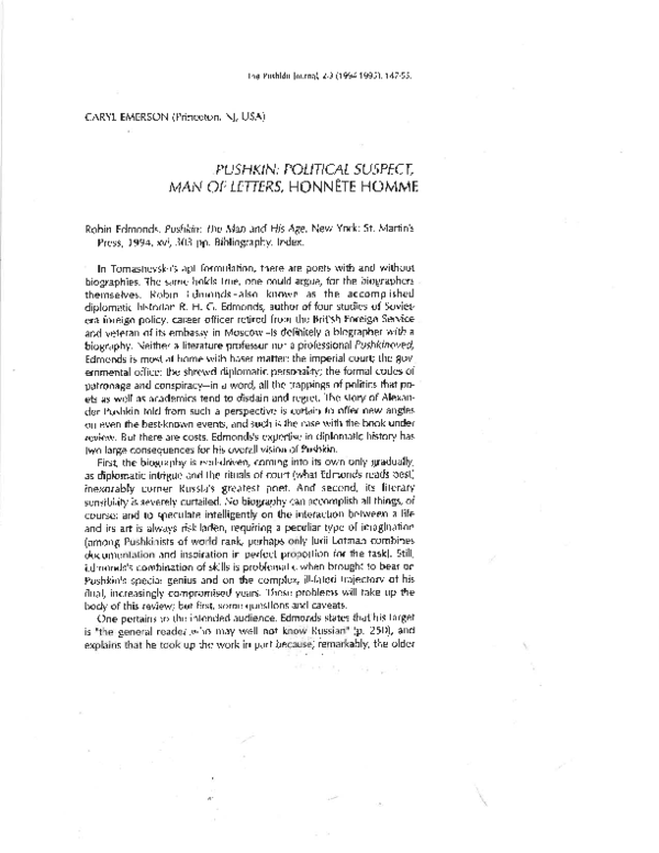 (PDF) Pushkin: Political Suspect, Man of Letters, Honnête Homme