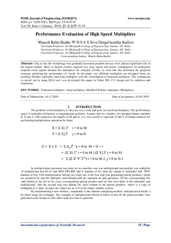 (PDF) Performance Evaluation of High Speed Multipliers