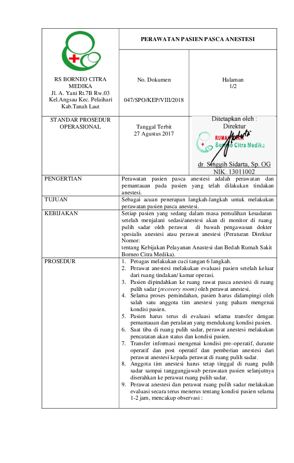 (DOC) SPO PERAWATAN PASCA ANESTESI