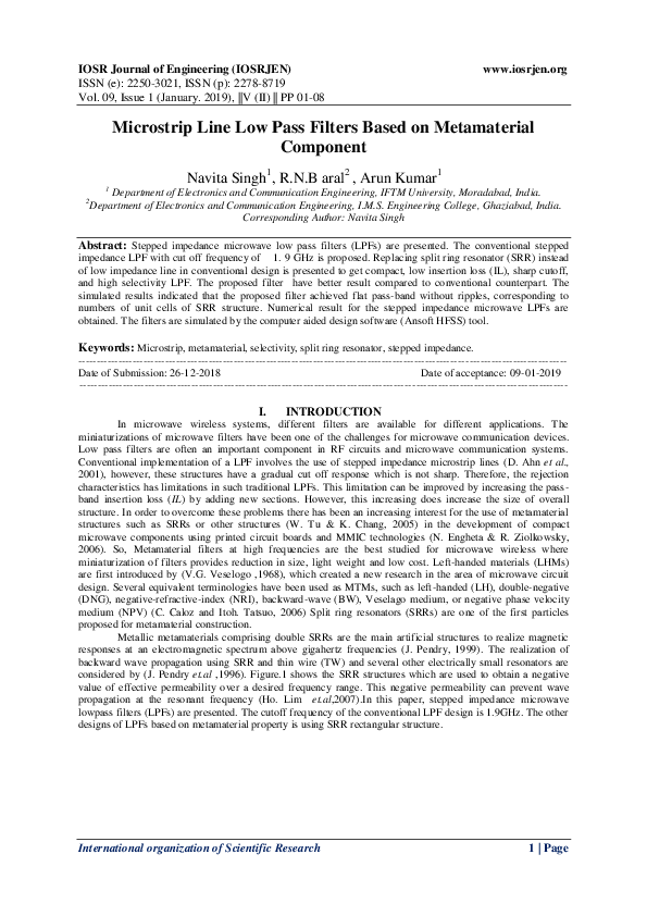(PDF) Microstrip Line Low Pass Filters Based on Metamaterial Component