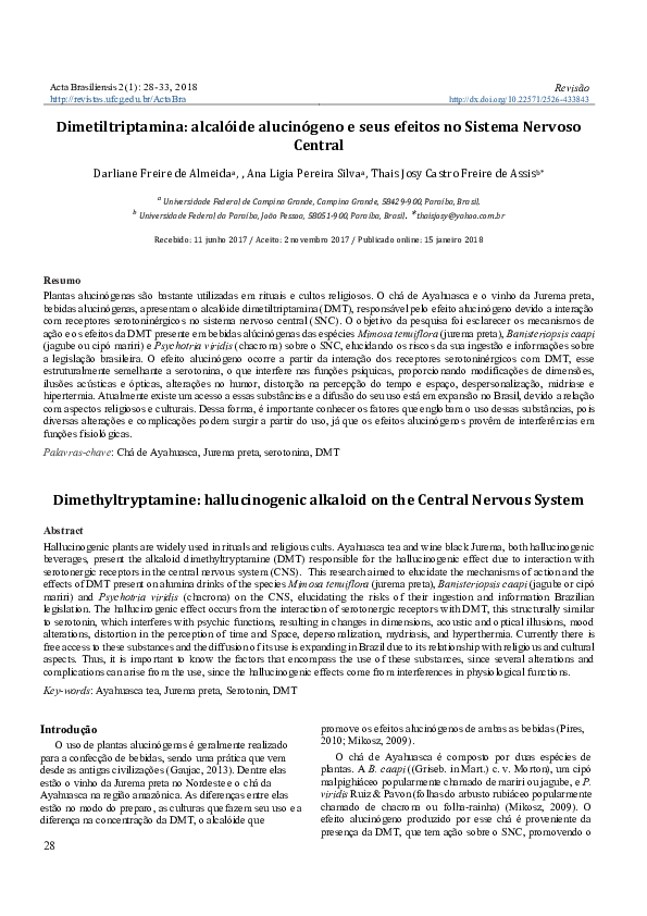 (PDF) DMT Dimetiltriptamina alcalóide alucinógeno e seus efeitos no Sistema Nervoso Central