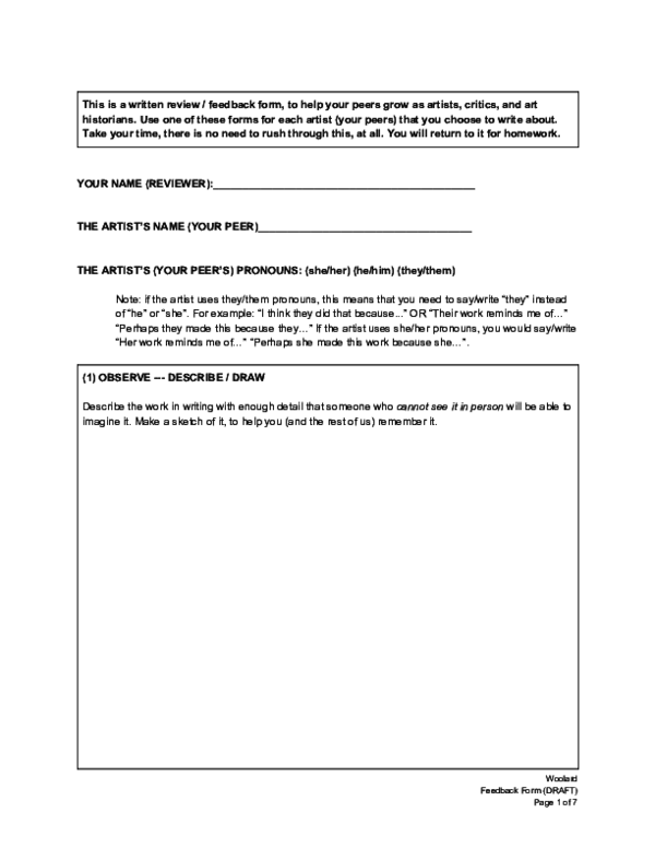 (PDF) Worksheet for Written Reflection During Critiques (Feedback form ...